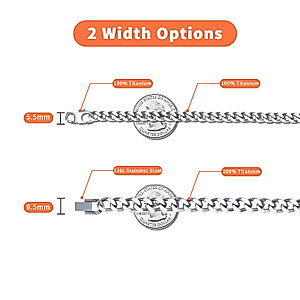 SanThree 5.5mm Pure Titanium Cuban Link Chain Necklace, Durable Skin-Friendly Solid Titanium Curb Chain Necklaces Gift for Men Women, 24 Inches