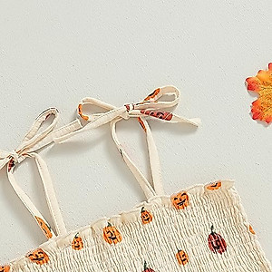 Toddler Baby Girl Halloween Outfit Cotton Linen Sleeveless Pumpkin Print Smocked Strap Tulle Tutu A-line Dress (3-4T,Beige)