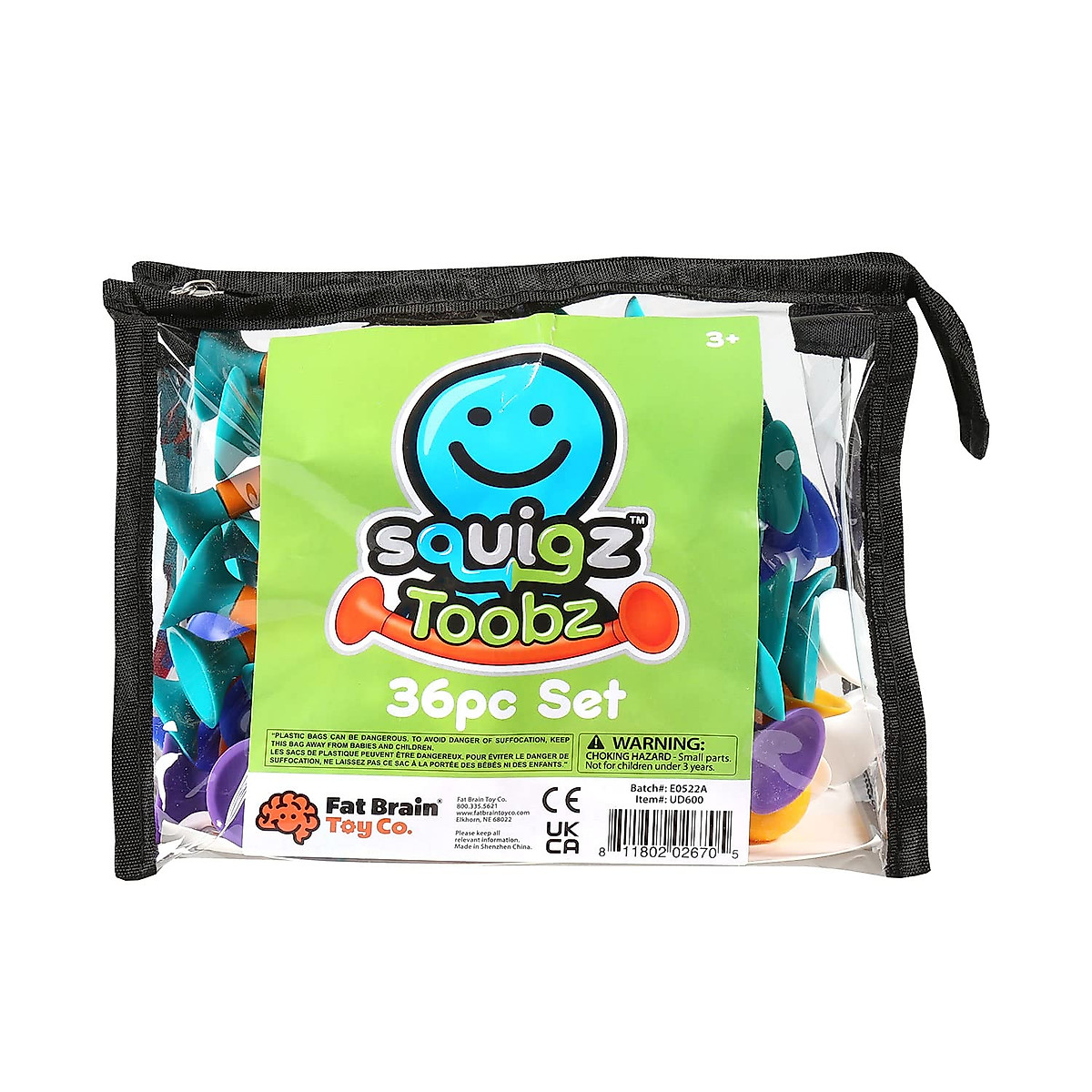 Fat Brain Toys Squigz Toobz Set - 36 Piece Fidget Tubes Suction Cup Toys, BPA Free Silicone Sensory Toys for Girls and Boys - Includes Zippered Storage Bag