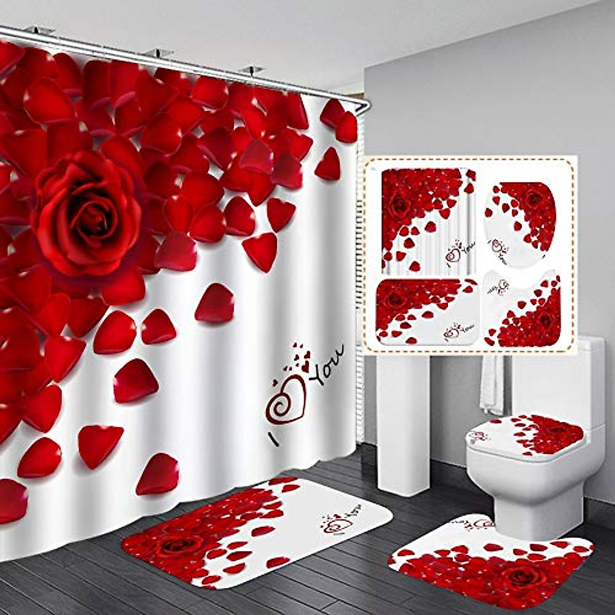 Forart 4 Pcs Rose Flower Shower Curtain Sets, Valentine's Day Decor with Non-Slip Rugs, Toilet Lid Cover and Bath Mat, Rose Curtain Bathroom Accessories Set (Ship from USA)