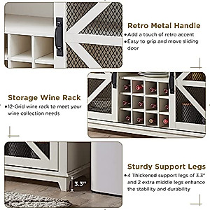 OKD Coffee Bar Cabinet with Storage, 55" Farmhouse Kitchen Buffet Sideboard w/Sliding Barn Door & Adjustable Shelves, Home Liquor Cabinet w/LED Lights & Wine Racks for Dining Room, Antique White