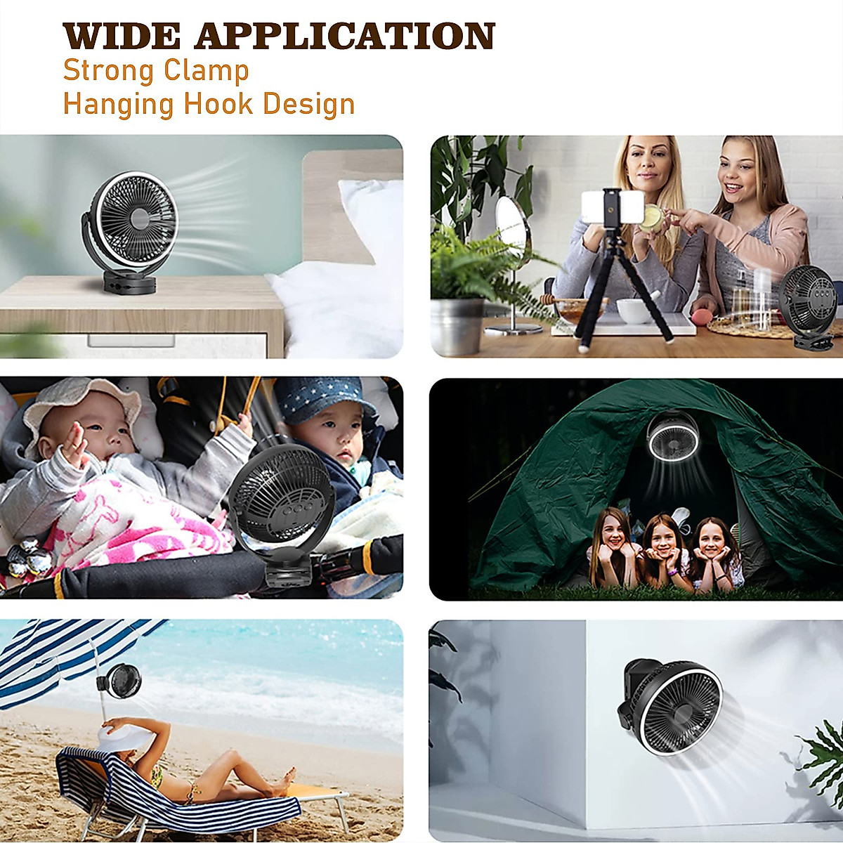 8 Inch Rechargeable Clip on Fan with Camping Lantern, Strong 4 Speeds & Timer, 10000mAh Battery Operated Clip Fan for Bed, Outdoor Travel, Golf Cart - Flexible Hook & Quiet Operation (Black)