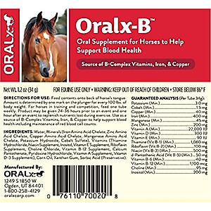 Oralx-B High-Potency B-Vitamin Complex and Chelated Mineral Booster. Nutritional Supplement for Hard-Working Horses. Oral Paste in Easy-Dose Syringe. Guaranteed Analysis. Made in USA.