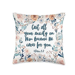 Christian Bible Verse Gifts 1 Peter 5:7 Gift for Christian Bible Verse Throw Pillow, 16x16, Multicolor