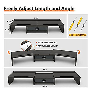 WESTREE Dual Monitor Stand Riser with Drawer, 3 Shelf Computer Monitor Riser with Adjustable Length and Angle, Desktop Monitor Stand Riser Storage Organizer for 2 Monitors