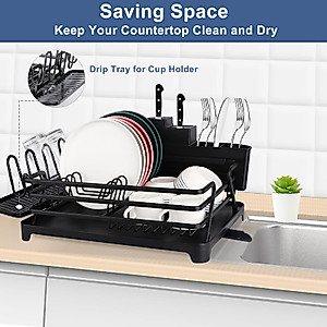 [Upgraded] Aluminum Dish Drying Rack, ROTTOGOON Rustproof Dish Rack and Drainboard Set with Drainage, Utensil Holder, Cup Holder, Compact Dish Drainer for Kitchen Counter Cabinet, 16.9" x 12.2", Black