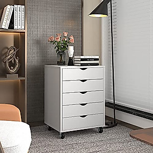 YITAHOME 5 Drawer Chest, Mobile File Cabinet with Wheels, Home Office Storage Dresser Cabinet, White