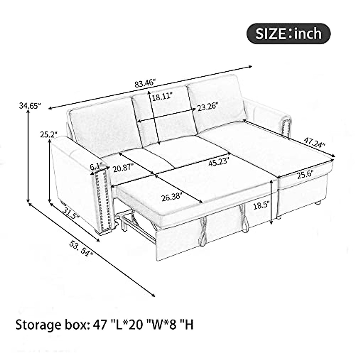 Tulib Reversible Sectional Sleeper Sofa with Storage Chaise, L-Shape 3 Seat Velvet Corner Couch with Pulled Out Bed, for Living Room, Office, 83 Dark Gray