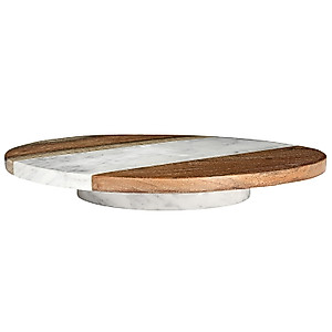 MyGift 11 Inch Deluxe Acacia Wood with White Marble Accent Lazy Susan Serving Tray - 360 Degree Rotating Spice and Condiment Display Turntable - Handcrafted in India
