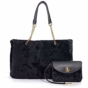 Fur Carryall Tote Bag with Wristlet Clutch Women Chain Shoulder Handbag (Black) Large