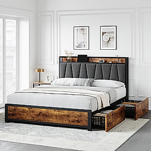 GAOMON Queen Size Bed Frame with Storage Linen Upholstered Headboard, 4 Drawers Platform Bed Frame with Charging Station, No Box Spring Needed, Easy Assembly, Vintage Brown
