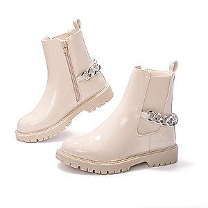 FUNKYMONKEY Boots for Girls Black White Nude Faux Leather Fashion Ankle Boots With Side Zipper for Little Kid/Big Kid (5 Big Kid, Nude)