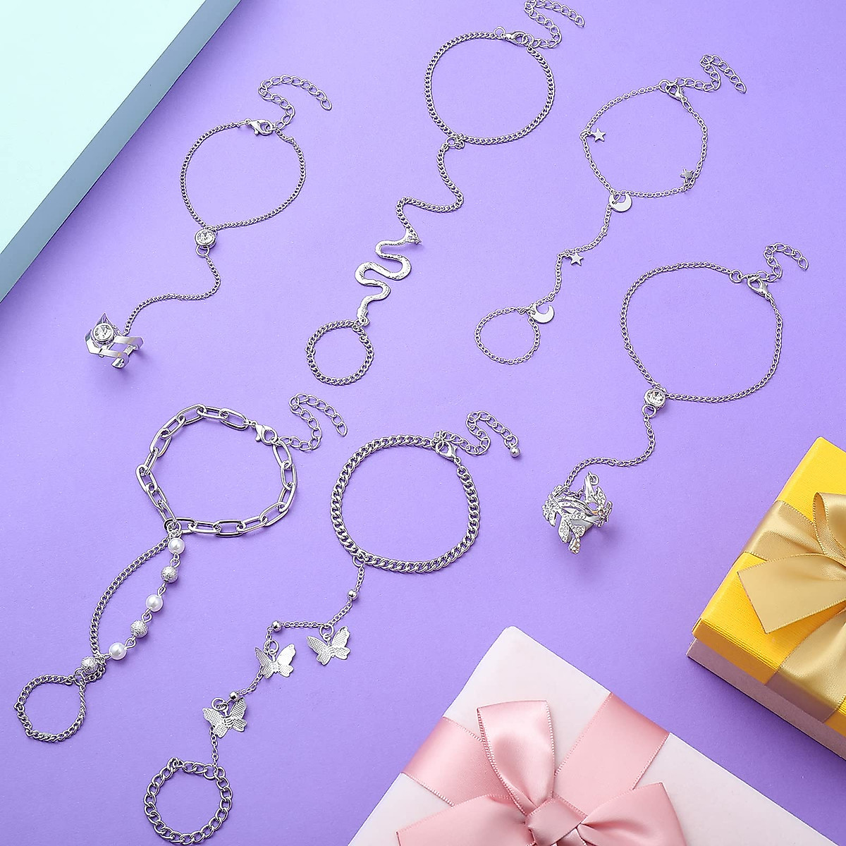 6 Pieces Finger Ring Bracelet Linked Rhinestone Hand Harness Chain Slave Bracelet with Ring Everyday Jewelry for Women Girls (Simple)