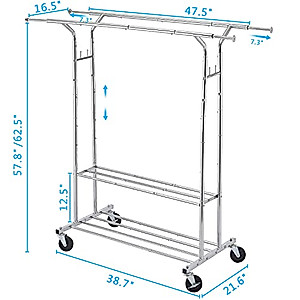 Tajsoon Heavy Duty Clothing Rack Extensible Double Rod with 2 Shelves, Rolling Clothes Rack with Wheels, Rolling Garment Racks for Hanging Clothes Load 250LBS, Collapsible Clothes Hanging Rack Chrome