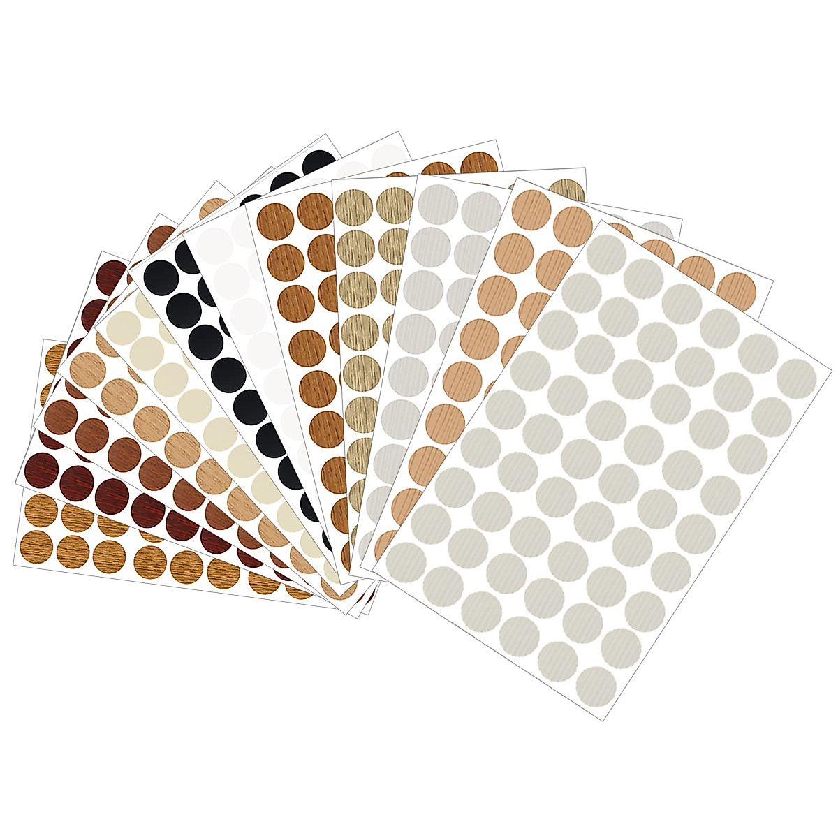 SAVITA 12 Sheets 648pcs 0.83in Self-Adhesive Screw Hole Cover Stickers, PVC Waterproof Wood Grain Stickers Wood Textured Cover for Desk Screw Bookshelf Furniture Wall Cabinet Repairing (12 Colors)