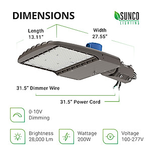 Sunco LED Parking Lot Light, Pole Outdoor Street Lights 200W Dusk to Dawn Photocell HID Replacement, 5000K Daylight, 26000 LM, Dimmable 1-10V, Waterproof Commercial Grade UL Listed 2 Pack