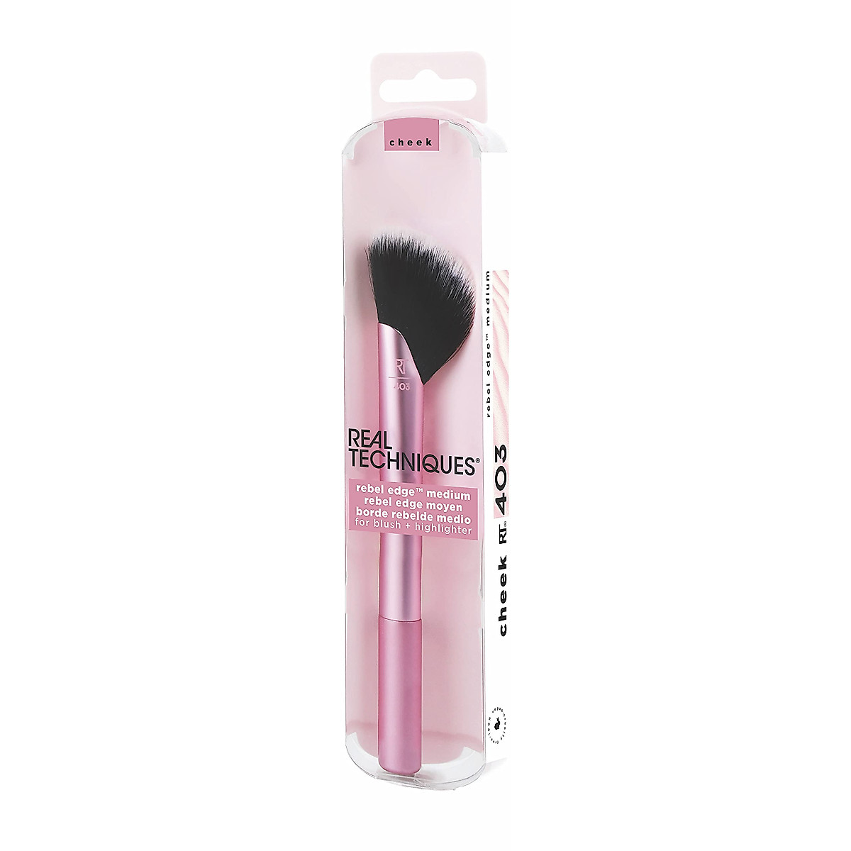 Real Techniques Cheek Rebel Edge Medium Blush & Highlighter Brush, For Loose Blush or Face Highlighter, Fan Makeup Brush, Aluminium, Pink, 1 Count