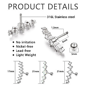 FIBO STEEL 3 Pcs 16G Stainless Steel Cartilage CZ Stud Earrings for Women Helix Conch Daith Piercing Jewelry Set