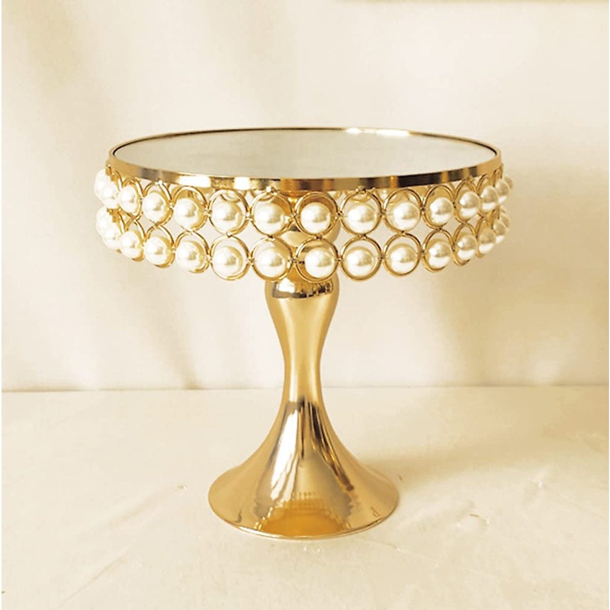 8 Inches 20cm Gold Round Mirror Cake Stand Cupcake Stands Metal Pedestal Holder with Pearls, Party Dessert Cheese Display Plate for Wedding Party Birthday Baby Shower Celebration Home Decoration