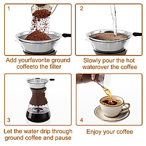 YMMIND 34oz Pour Over Coffee Maker with Double Layer Stainless Steel Filter, Borosilicate Glass Dripper, Detachable Heat-Resistant Leather Pad 7-8 Cups Coffee Maker Carafe（Dark brown）