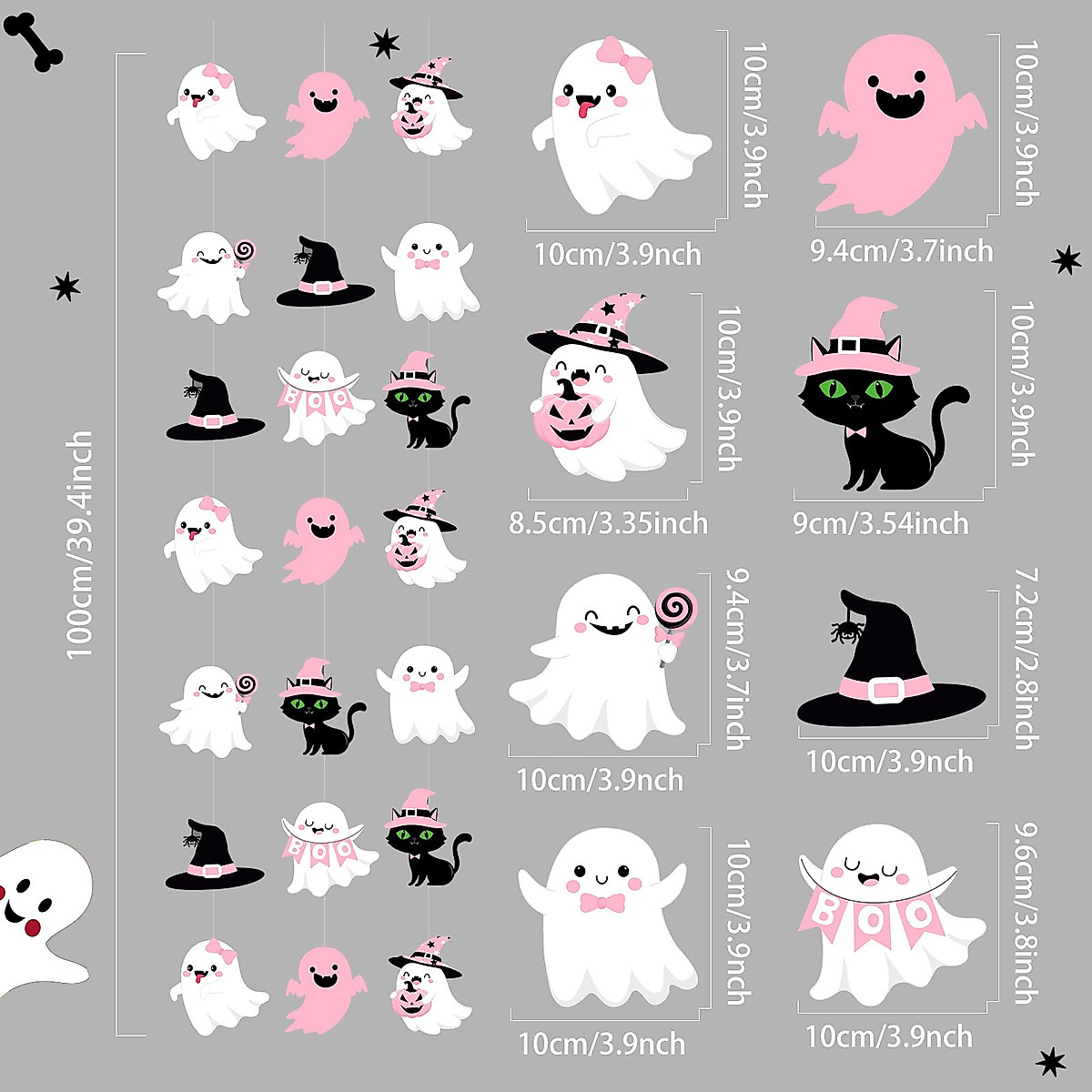 Ceenna 9 Pcs Halloween Baby Shower Decorations Pink and Black Paper Garland Banner Little Boo Bat Witch Hat Cat Hanging Decorations for Girl Birthday Party Favor Supplies