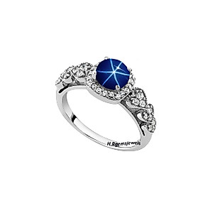 HRG Blue Star Sapphire Ring Round Cabochon Ring Wedding Ring Women Ring 925 Sterling Silver Ring Lab (Rose Gold Plated Silver, 6.5)