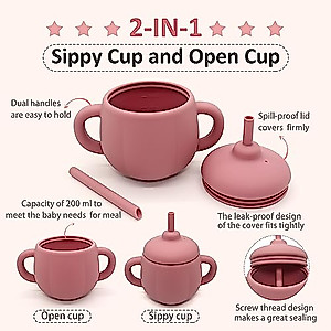 Santi & Me 2-1 Silicone Straw Cup for Baby, Spill-proof Sippy Cup for Babies 6-12-18 Month, Open Training Water Cups with Easy-Hold Handle, Baby Led Weaning Cups - BPA Free - 8.8oz (Dark pink)