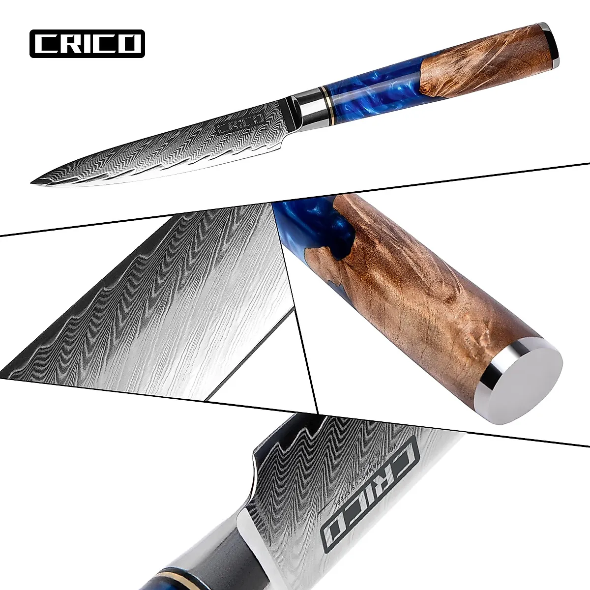 CRICO Paring Knife 5 inch, Kitchen Utility Knife, Fruit Paring Knives, VG10 Damascus Super Steel Forged 67-Layers, Full Tang Wood&Resin Handle, Gift Box - Flow Series