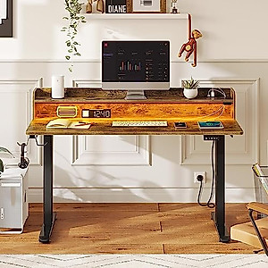 Rolanstar Standing Desk with LED Lights & Charging Station, 47.2" Height Adjustable Desk with Monitor Stand, Electric Gaming Desk with 2 Headphone Hooks, Sit Stand Home Office Desk, Rustic Brown