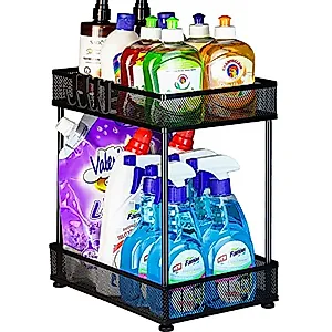 SZJHXIN Under Sink Organizer and Storage, Bathroom Cabinet Organizer, 2 Tier Metal Cabinet Basket Organizer Drawer with 4 Hooks (Black)