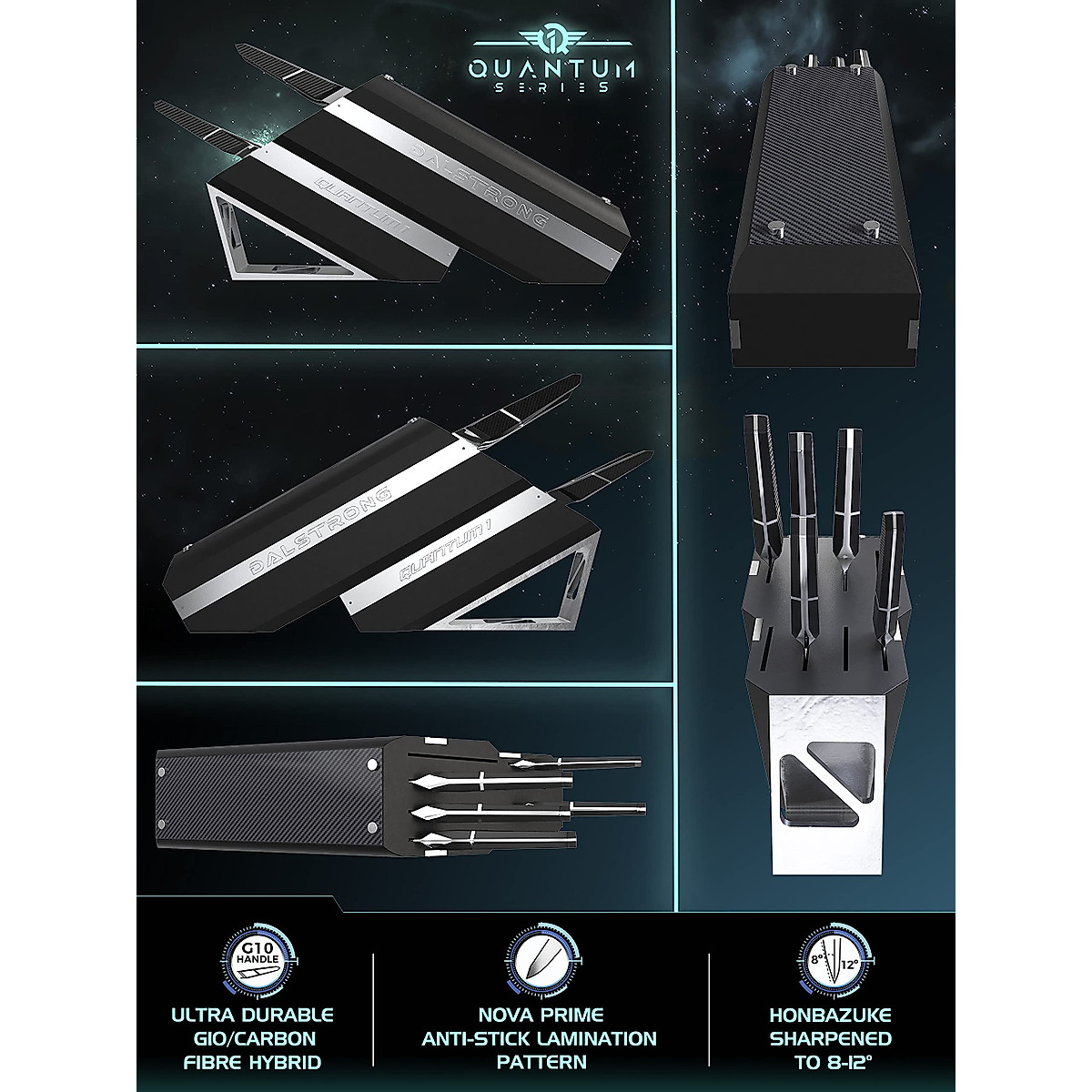 Dalstrong Knife Block Set - 5 Piece - Quantum 1 Series - American Forged BD1N-VX Hyper Steel - Carbon Fibre G10 Hybrid Handle - Professional Kitchen Set - Knife Set