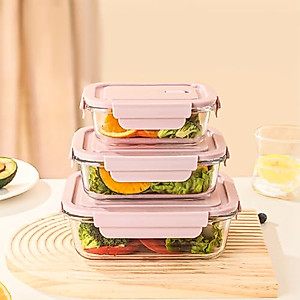 ATRDTO 6 Pieces Rectangle Glass Food Storage Containers with Lids, Meal Prep Containers for Food Storage, BPA Free & Leak Proof (3 lids & 3 Containers) 13.9oz, 24oz, 35oz (Pink)
