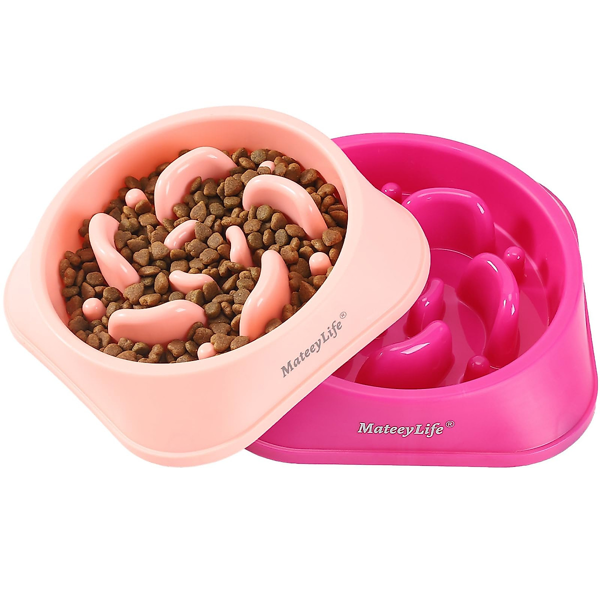 MateeyLife Slow Feeder Dog Bowls 2PCS, Anti-Choking Puzzle Dog Food Bowls, Anti-Slip Interactive Dog Feeding Bowls That Slow Down Eating, Bloat Stop Maze Dog Dishes for All Breads Pets Pink&Purple