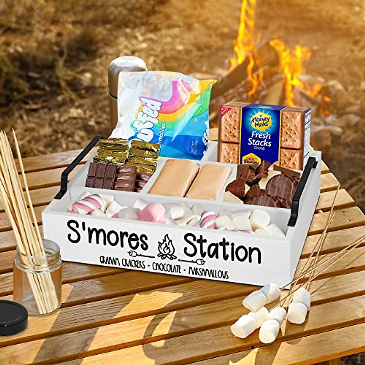 Unistyle S'Mores Station Box S'Mores Bar Holder S'Mores Tray Station for Smores Kit,S'mores Caddy Organizer for Tabletop with Glass Jar and Sticks Camping BBQ Gift