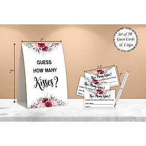 Floral Theme Guess How Many Kisses Bridal Shower Game,Wedding Shower,Bridal Shower Decorations,Popular Bridal Shower Games,Engagement Party Game,Set Including 1 Sign And 50 Guessing Cards-03