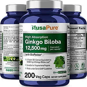 NusaPure Ginkgo Biloba Extract 12,500mg per Veggie Caps 200 Capsules (Vegetarian, Non-GMO, Vegan, Extract 50:1) Bioperine