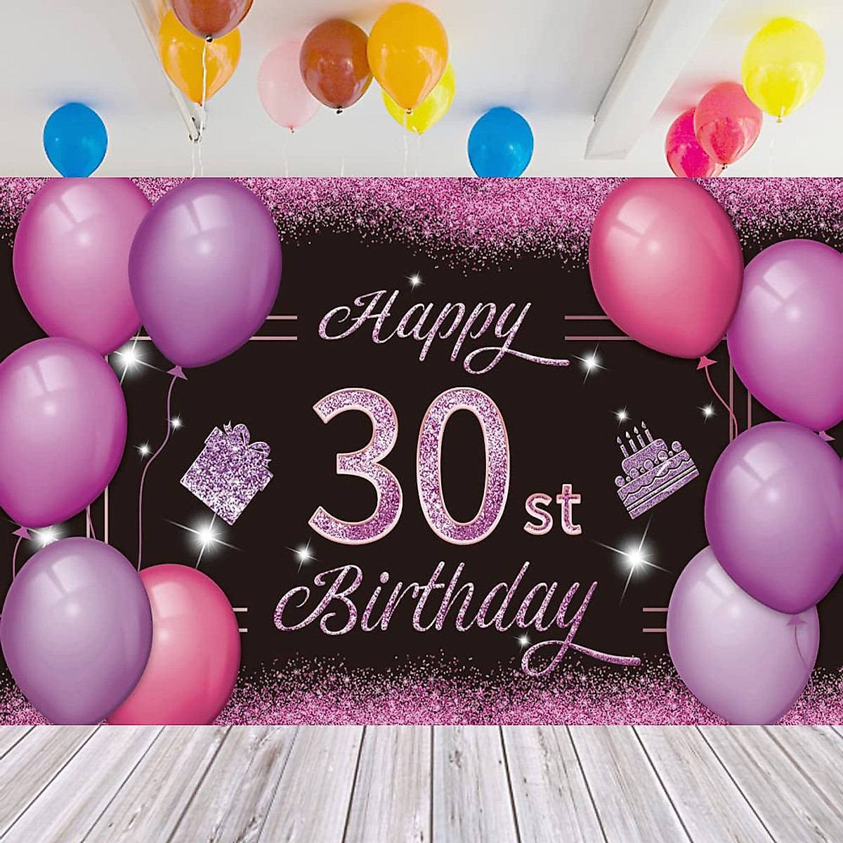 Happy 30st Birthday Backdrop Banner Pink Purple 30th Sign Poster 30 Birthday Party Supplies for Anniversary Photo Booth Photography Background Birthday Party Decorations, 72.8 x 43.3 Inch