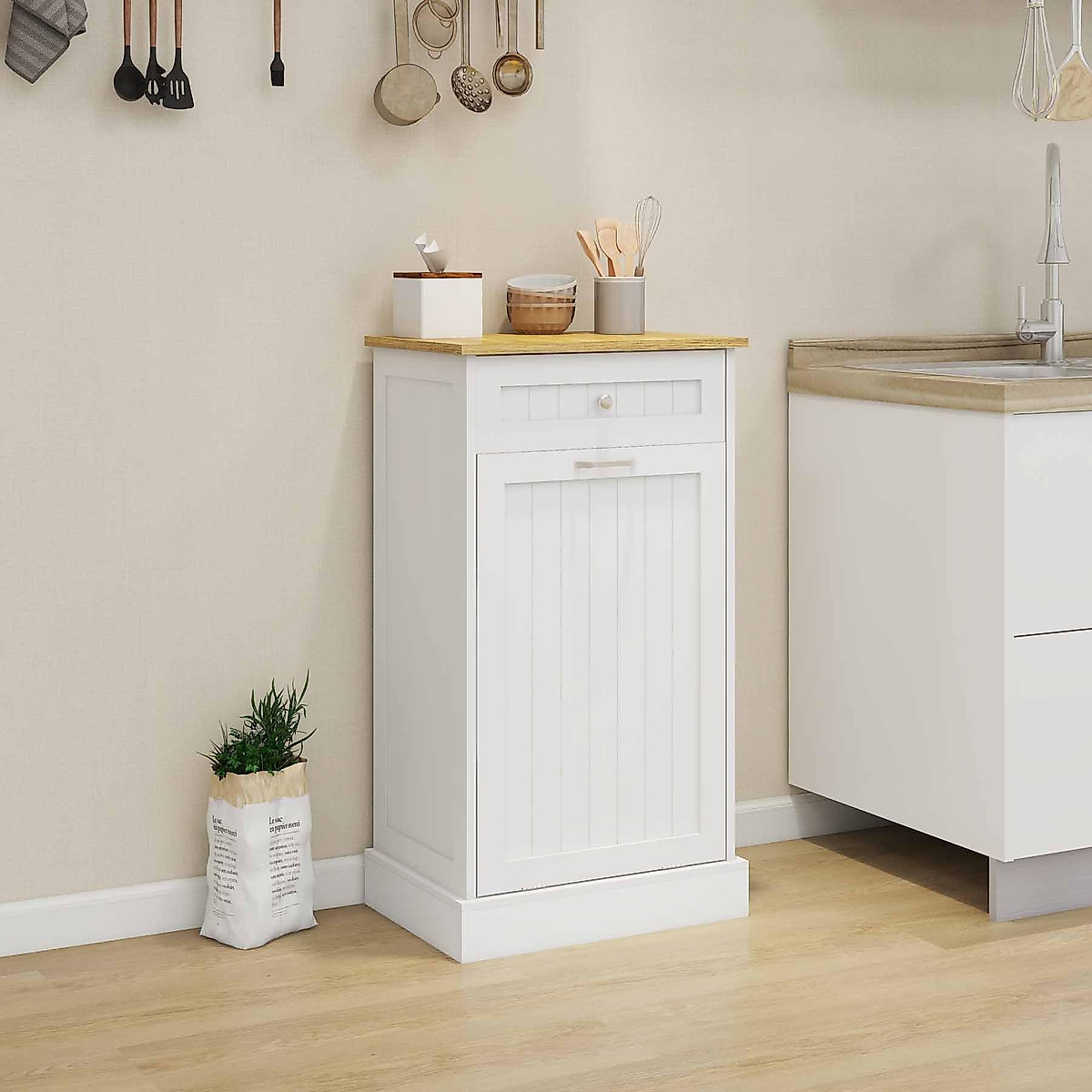 anwickjeff Tilt Out Trash Can Cabinet with Storage Drawer,Kitchen Island with Trash Can Storage,Hidden Laundry Hamper Cabinet for Kitchen (White)