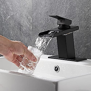 LOOPAN LED Light Bathroom Faucet Waterfall One Hole Single Handle Black Faucet for Bathroom Sink Mount Vanity Faucet Lead-Free with Hoses for Commercial Residential