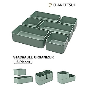 6 Pcs Stackable Drawer Organizer Set Desk Drawer Dividers, Bathroom Vanity Cosmetic Makeup Trays , Multipurpose Clear Plastic Storage Bins for Jewelries, Kitchen Gadgets and Office Accessories, Green