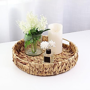 YRMT Water Hyacinth Serving Tray Round Woven Tray with Handles Boho Decorative Tray for Breakfast, Coffee, Table, Dining 13" x 13" x 2.3"