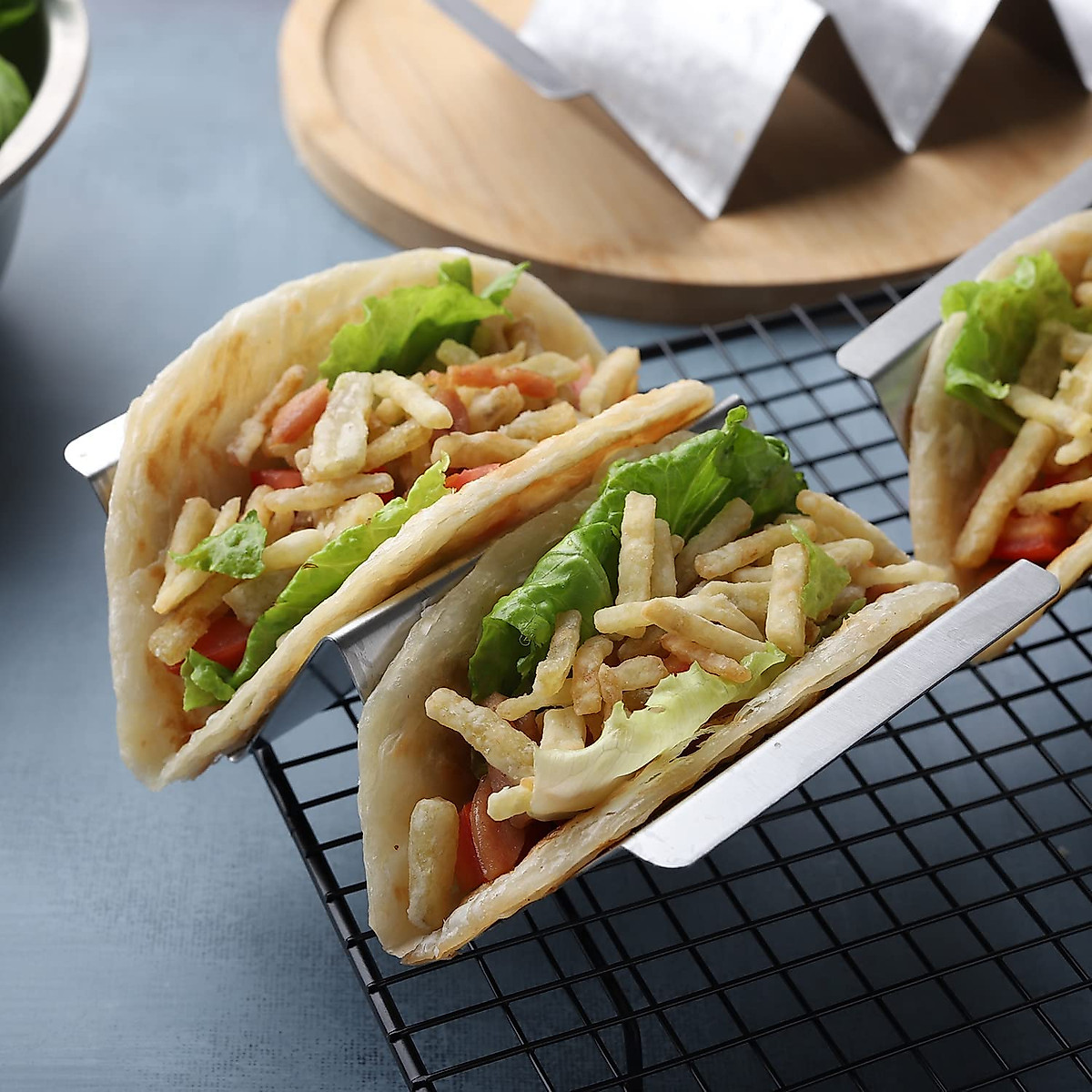 Taco Holder Set of 6 Stainless Steel Taco Stand Baked Taco Rack with Handle, Each Rack Holds Up to 2 Tacos, Oven, Grill & Dishwasher Safe Taco Holders (Set of 6)