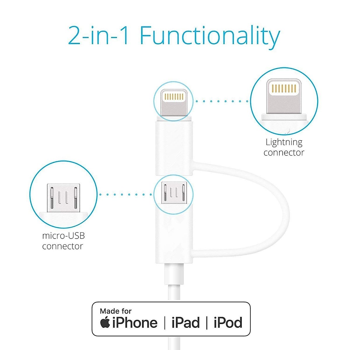 Apple MFi Certified 2 in 1 iPhone Charger Lightning Cable and Micro USB to USB Charger Cord, Compatible iPhone X, 8, 8 Plus,7 Plus, Android Data Cable 2 in 1 White(6FT)