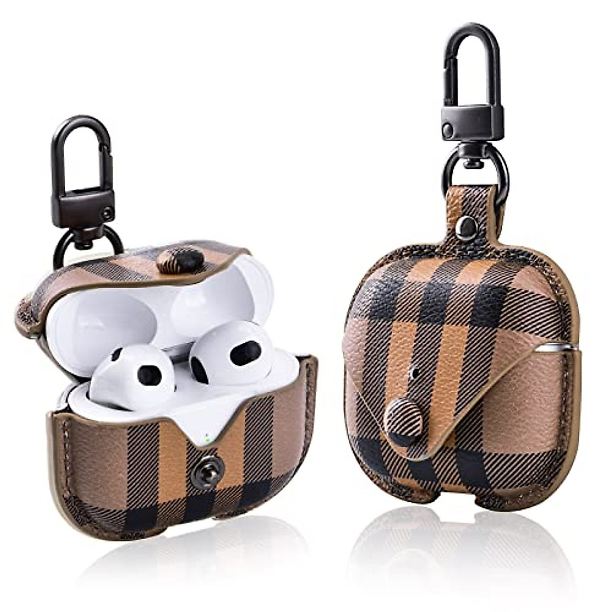 Pujuyeka Leather Luxury Case for AirPods 3rd Generation 2021 with Keychain,Designer Plaid Cute Airpod Charging Case Cover Aesthetic Lockable Protective Air Pod Skin Cover (AirPod 3rd Gen 2021 Brown)
