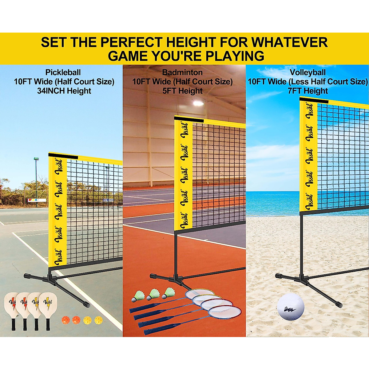 VSSAL 10FT Portable All-in-One Badminton, Pickleball and Volleyball Net Set Half Court (10ft Wide x 7ft max Height) Small Outdoor Sports Set with Adjustable Net for Backyards Beach or Driveway Games
