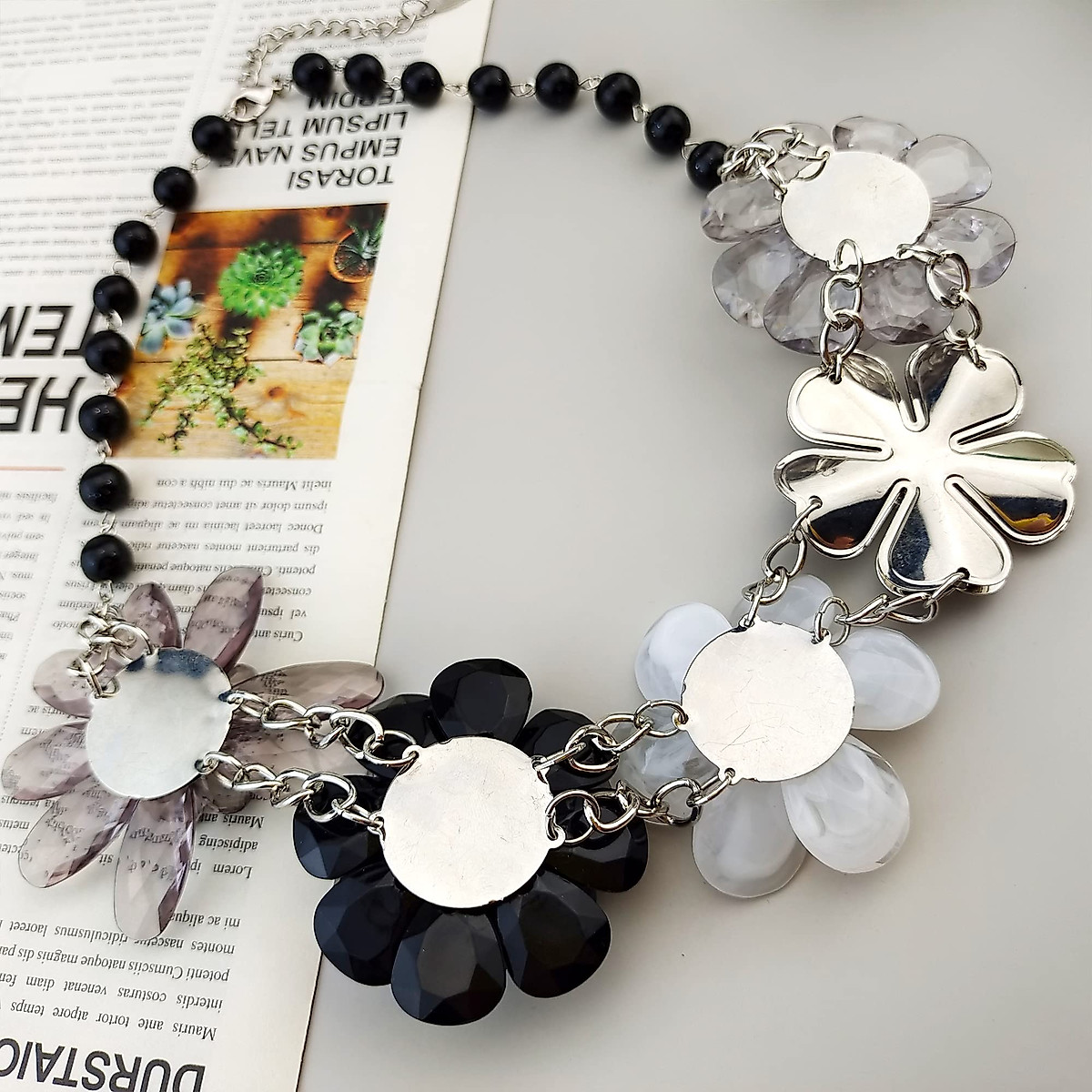 Bocar 5 Flower Braided Crystal Statement Chunky Necklace Bib Collar Pearl Jewelry for Women (NK-10127-black)