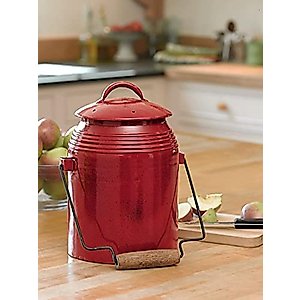 Gardeners Supply Company Compost Bin Kitchen Waste Countertop Pail | Rustic Farmhouse Style Sturdy Metal Crock with Lid for Organic Composting | Holds 5 Quarts of Food Scraps - 7" D X 10-3/4"H