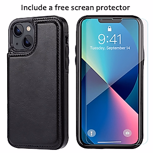 JOYAKI Wallet Case Compatible with iPhone 13,Slim Protective case with Card Holder,PU Leather Kickstand Card Slots Case with a Free Screen Protective Glass for iPhone 13(6.1")-Black