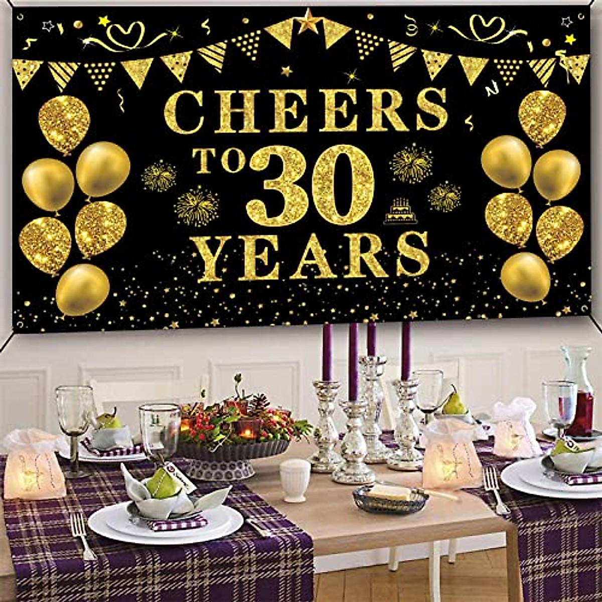 Trgowaul 30th Birthday/Anniversary/Wedding Decorations for Women Men, Cheers to 30 Years Banner, Black and Gold 30th Birthday Backdrop, 30 Bday Decorations Party Banner Photography Supplies Background