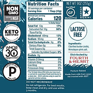 4th & Heart Himalayan Pink Salt Grass-Fed Ghee, 9 Ounce, Keto Pasture Raised, Lactose and Casein Free, Certified Paleo